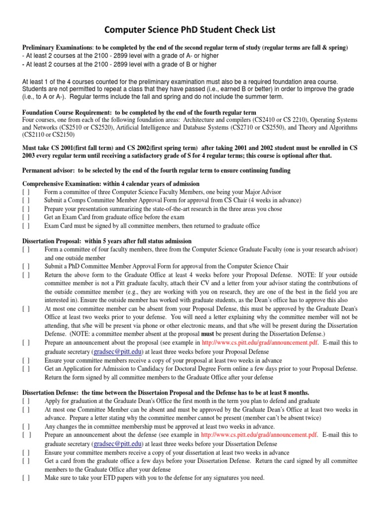 PHD CS CheckList For Pitt | PDF | Postgraduate Education | Doctor Of ...