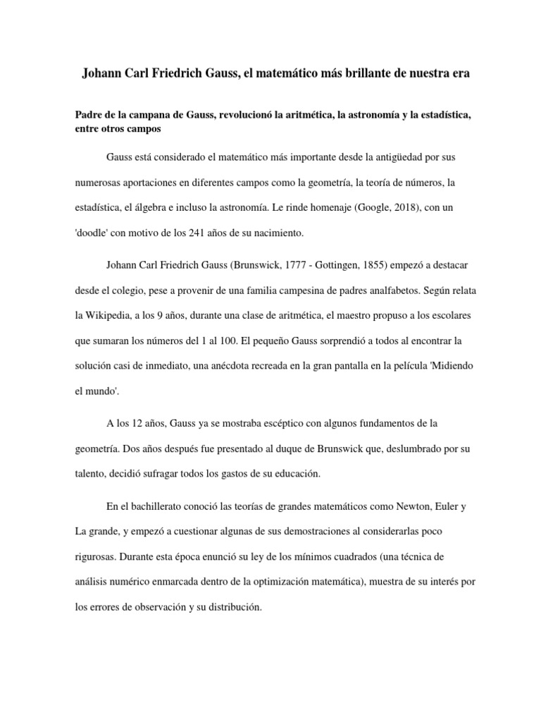Johann Carl Friedrich Gauss Aportes A La Estadistica | PDF | Enseñanza ...