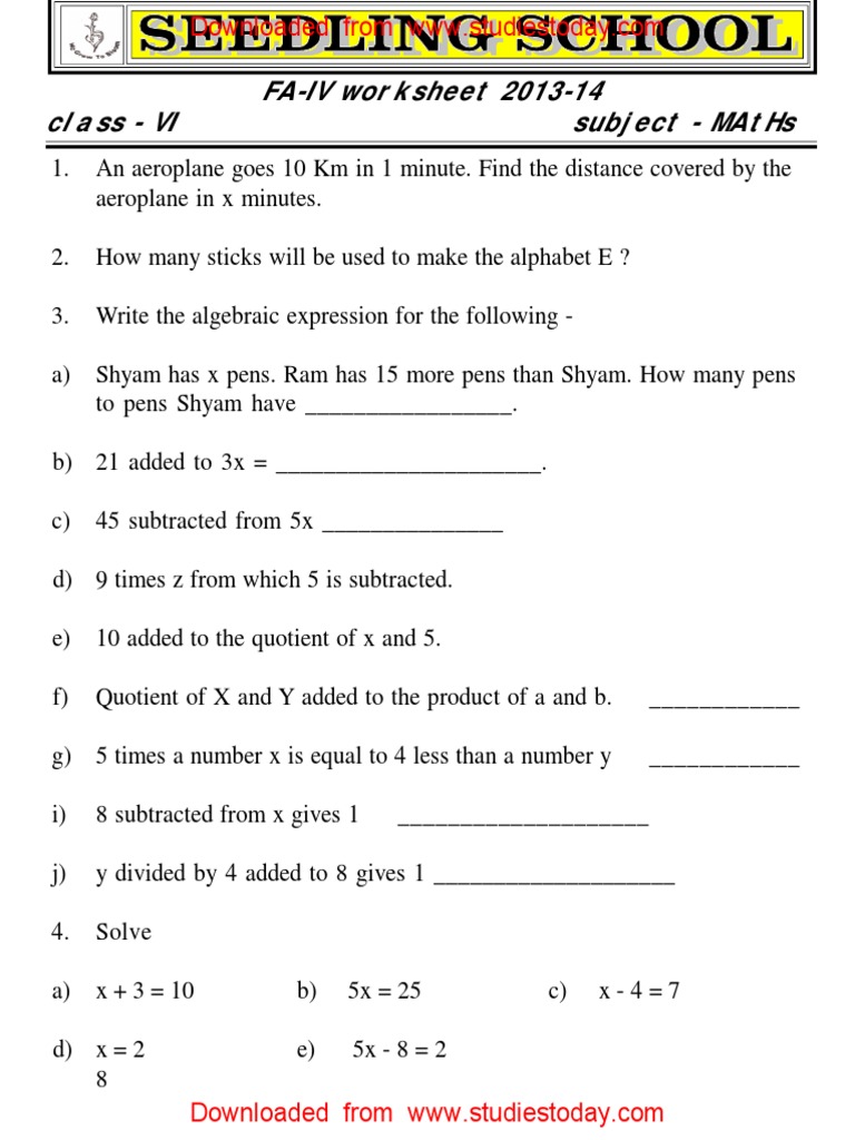 CBSE Class 6 Algebra Worksheet | PDF | Geometry | Elementary Mathematics