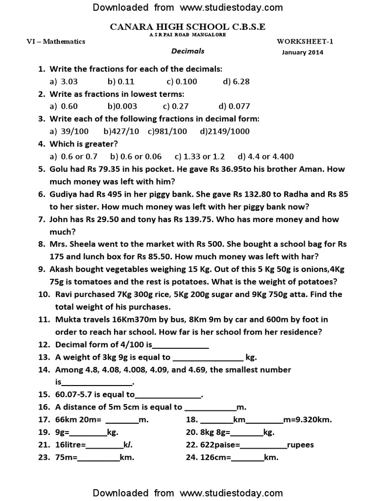 CBSE Class 6 Mathematics Decimals Worksheet | PDF