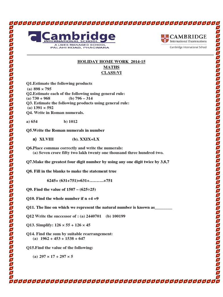 CBSE Class 6 Whole Numbers Worksheet | PDF | Fraction (Mathematics ...