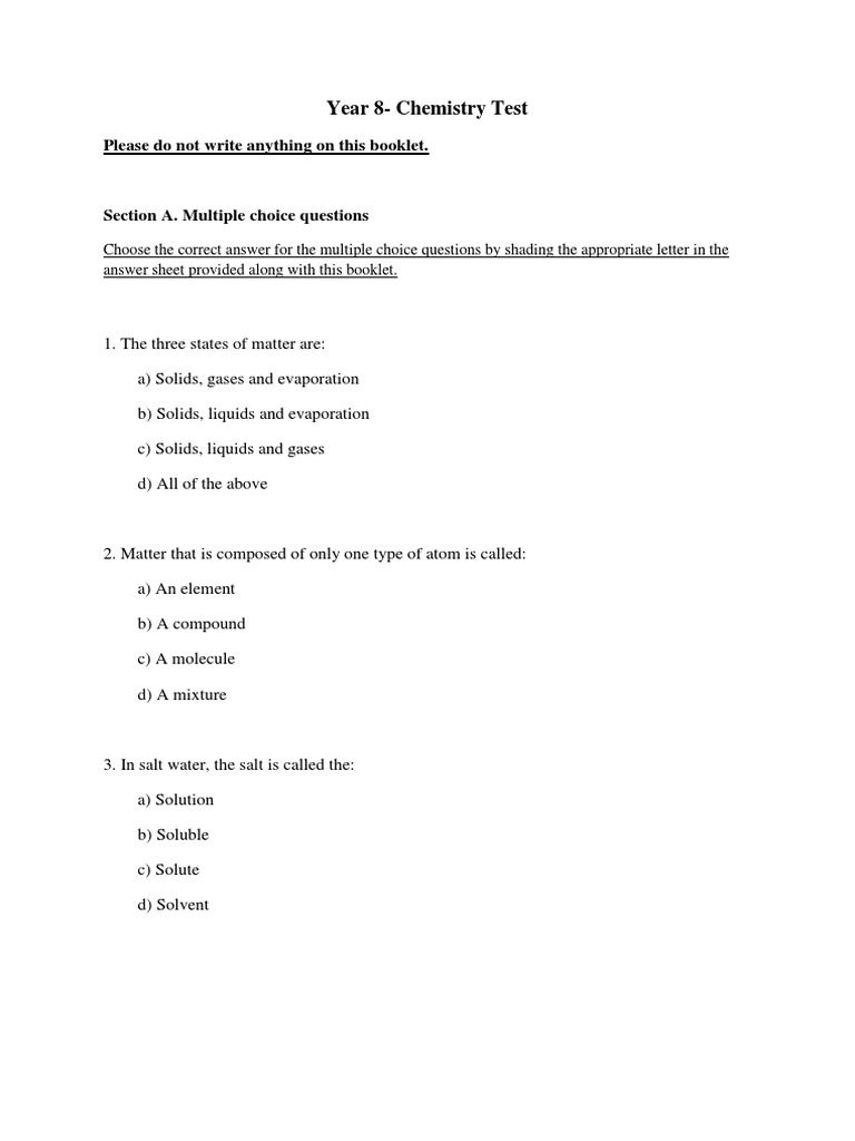 Year 8 Chemistry Test With Answer Sheet | PDF | Solution | Solubility