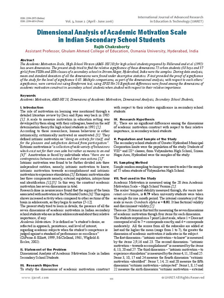 Dimensional Analysis of Academic Motivation Scale in Indian Secondary ...