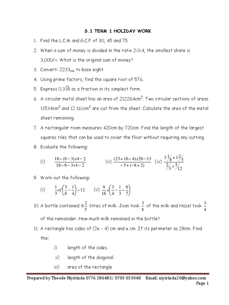S.1 Term 1 Holiday Work | PDF | Area | Rectangle