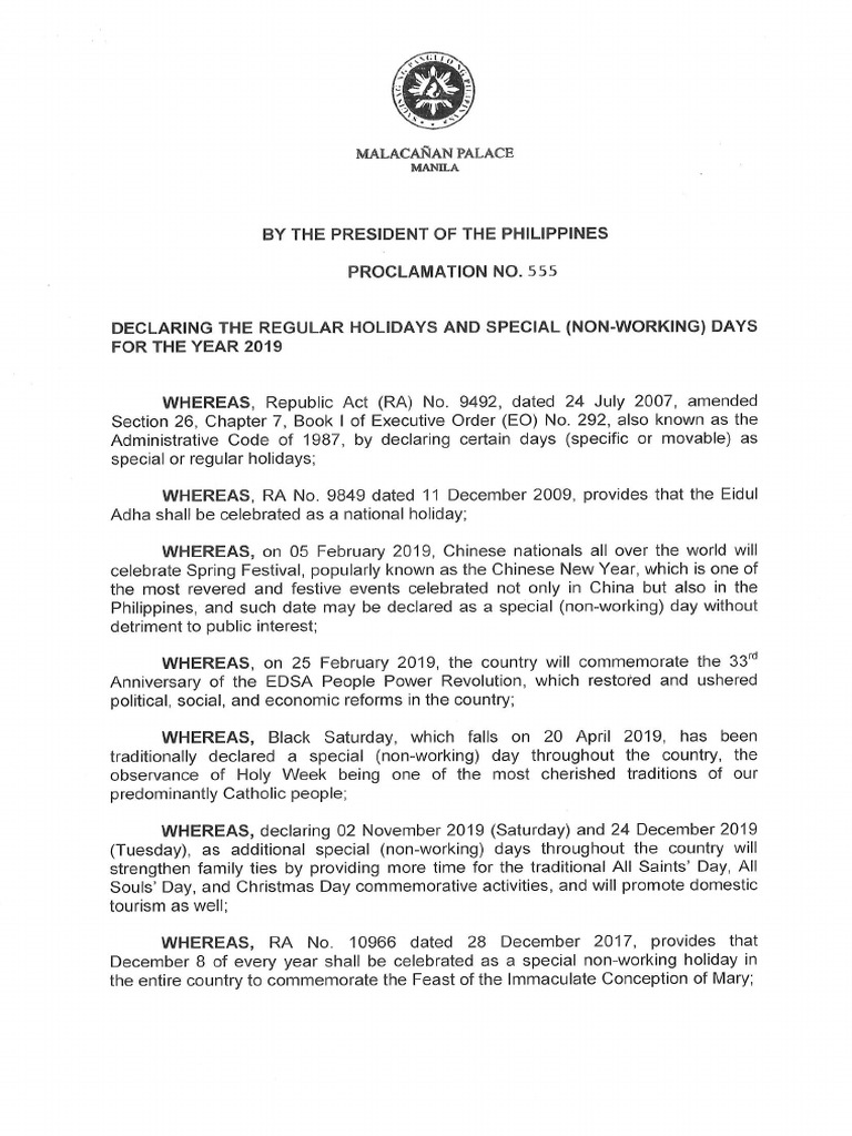 Proclamation 555 Holidays 2019 | PDF