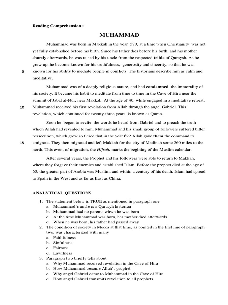 Muhammad: Reading Comprehension | PDF | Muhammad | Medina