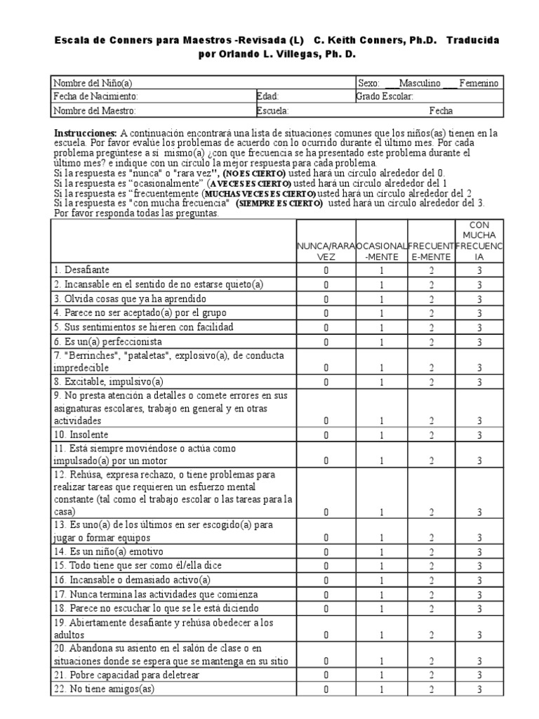 Escala de Conners para Maestros | PDF | Agitación