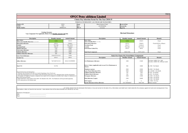 ONGC Petro Additions Limited: Choice Pay Selection Form For The Year ...