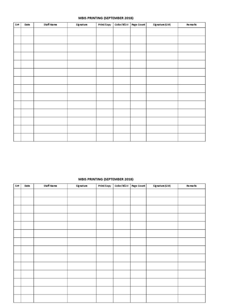 Mbis Printing (September 2018) : SR# Date Staff Name Signature Print ...