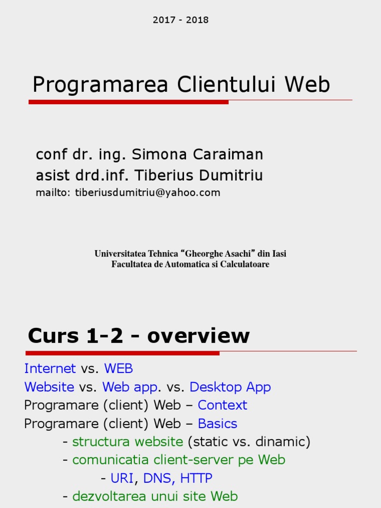 Programarea Clientului Web: Conf Dr. Ing. Simona Caraiman Asist DRD - Inf. Tiberius Dumitriu | PDF