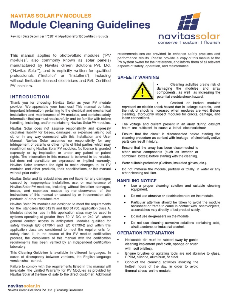 Navitas Solar PV Module Cleaning Guide | PDF | Solar Panel ...