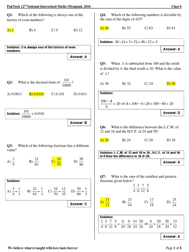 12th National ISMO Class 6 Question Paper With Solutions | PDF | Area ...