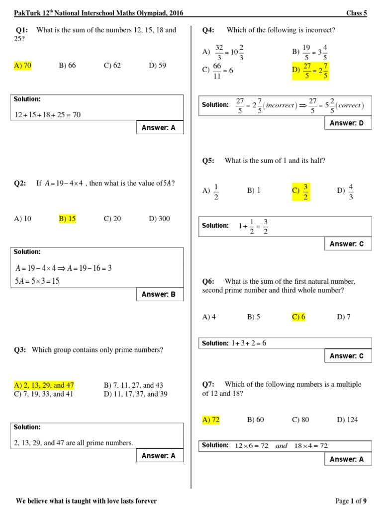 12th National ISMO Class 5 Question Paper With Solutions PDF | PDF ...