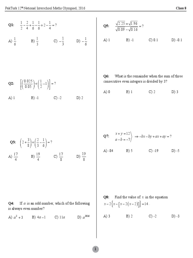 12th National ISMO Class 8 Question Paper | Download Free PDF | Numbers ...