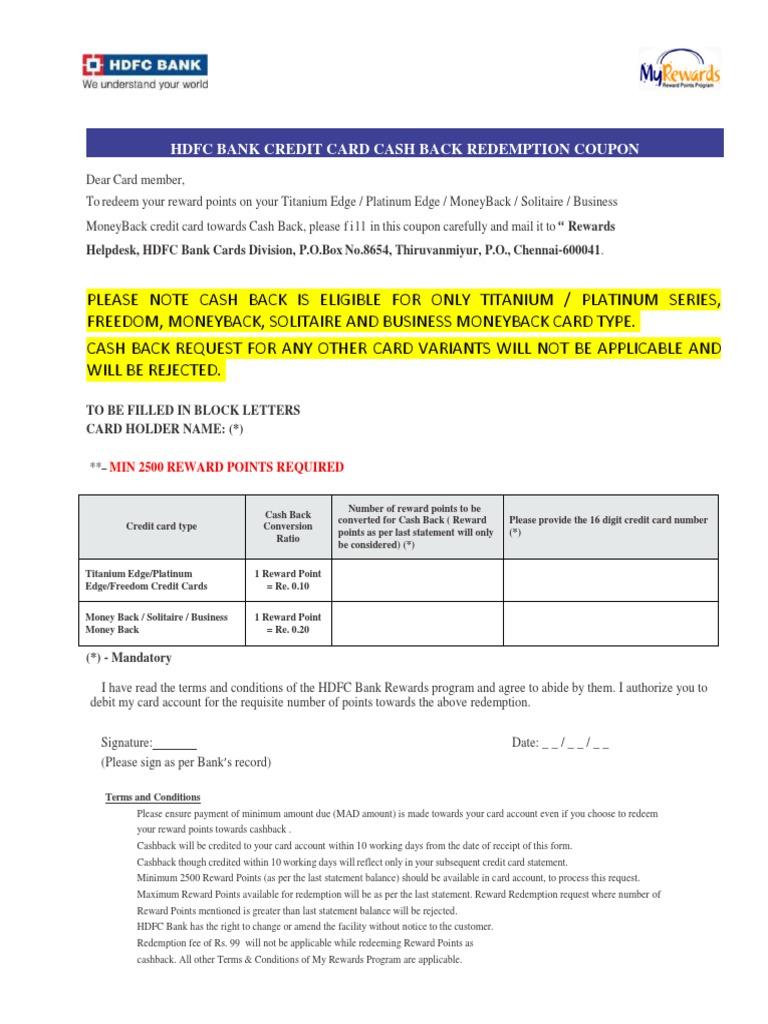 HDFC Bank Credit Card Cash Back Redemption Coupon | PDF | Credit Card ...