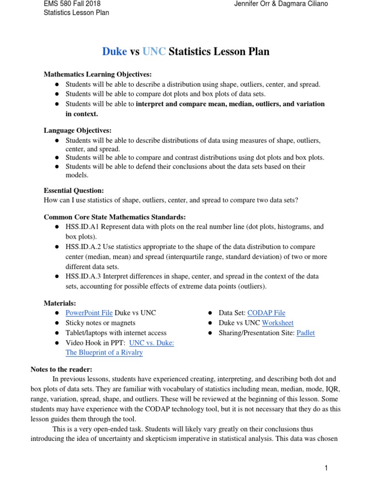 Vs Statistics Lesson Plan: Mathematics Learning Objectives | PDF ...