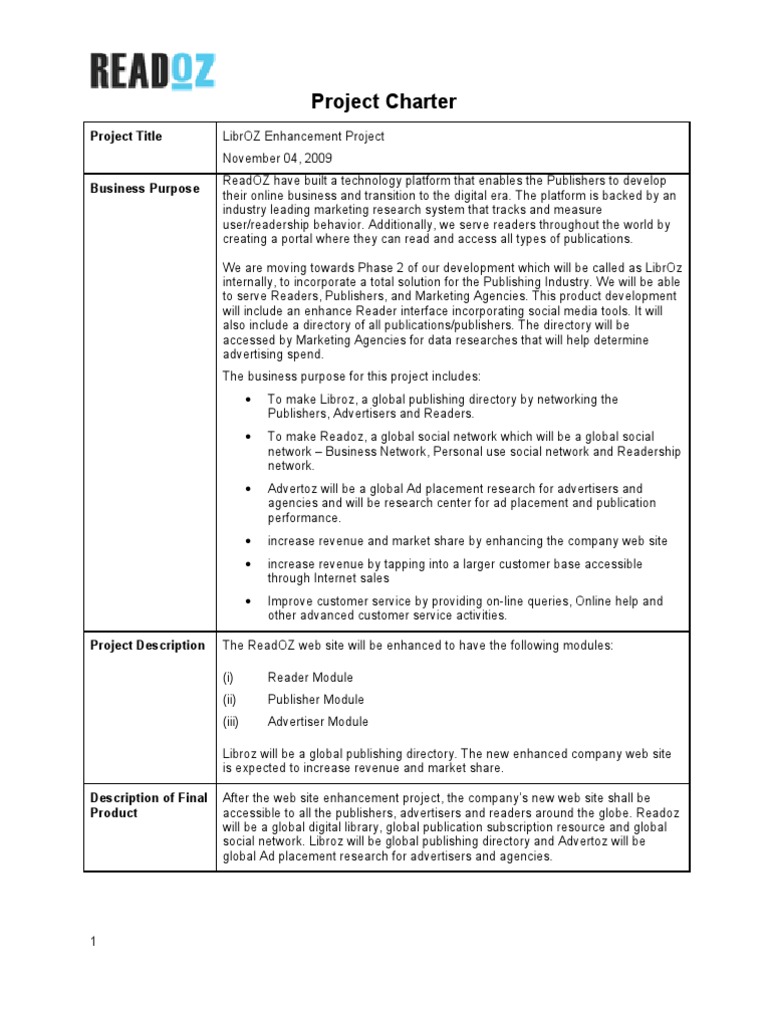 Project Charter | PDF | Publishing | Social Networking Service