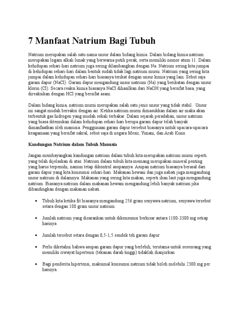 7 Manfaat Natrium Bagi Tubuh | PDF