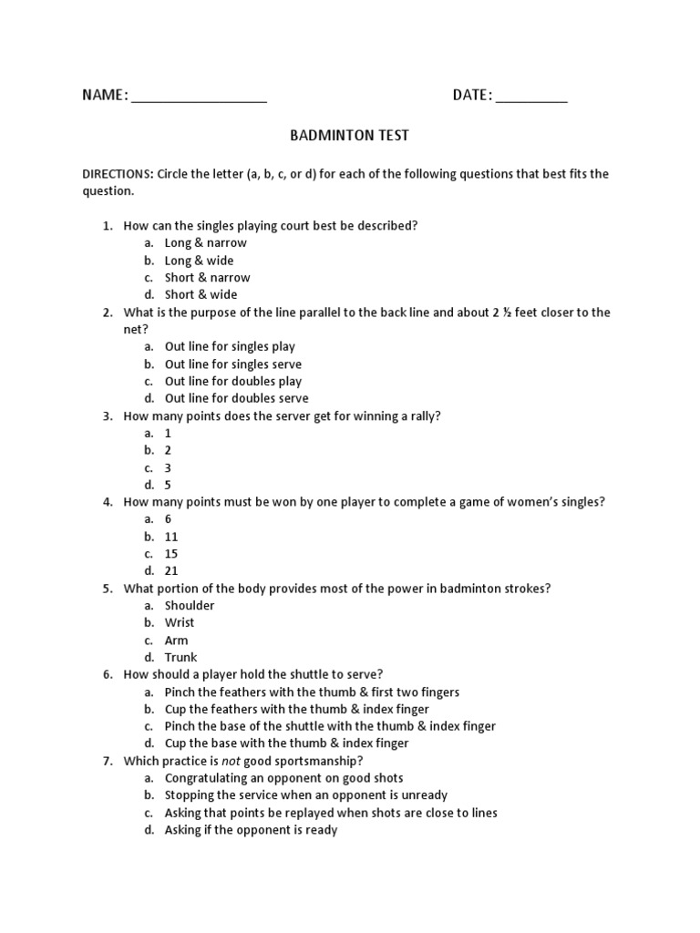 Badminton Test 1 | PDF | Recreation | Hobbies