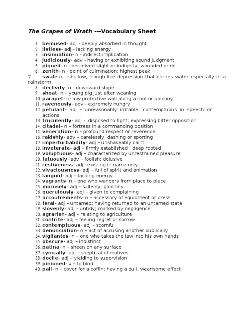 Vocabulary for The Grapes of Wrath | PDF