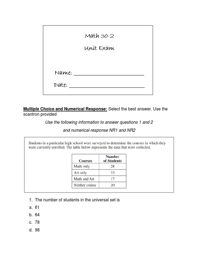 Math 30-2 Unit Exam (#1) | PDF | Test (Assessment) | Behavior Modification