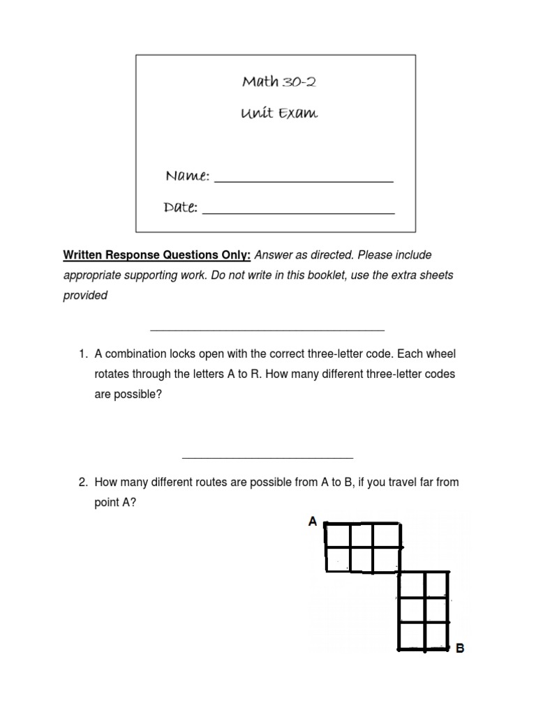 Math 30-2 Unit Exam (#2) (Written Only) | PDF | Teaching Mathematics
