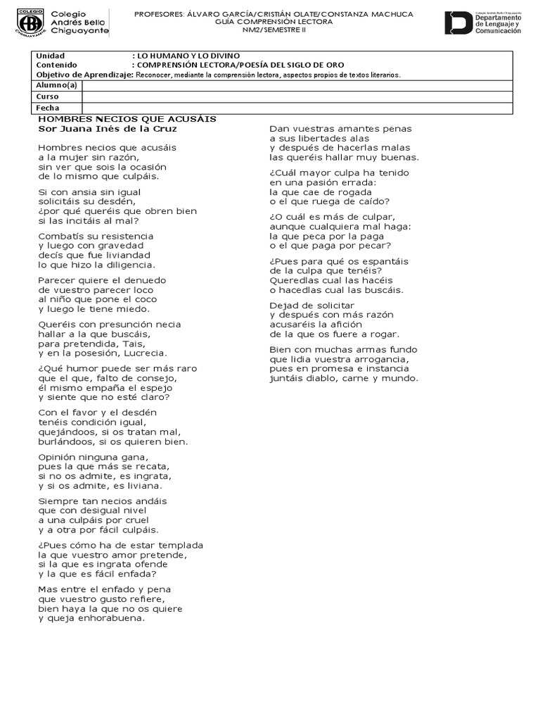 Guía de comprensión lectora sobre el poema Hombres necios que acusáis ...