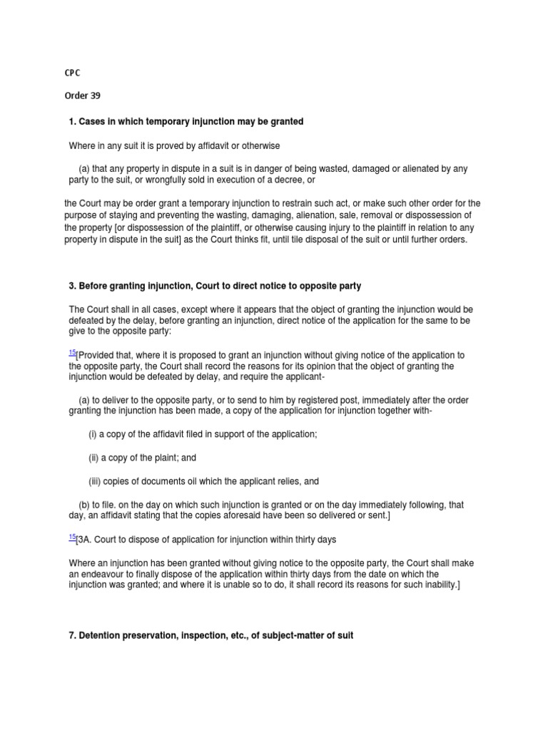 CPC Order 39: 1. Cases in Which Temporary Injunction May Be Granted ...