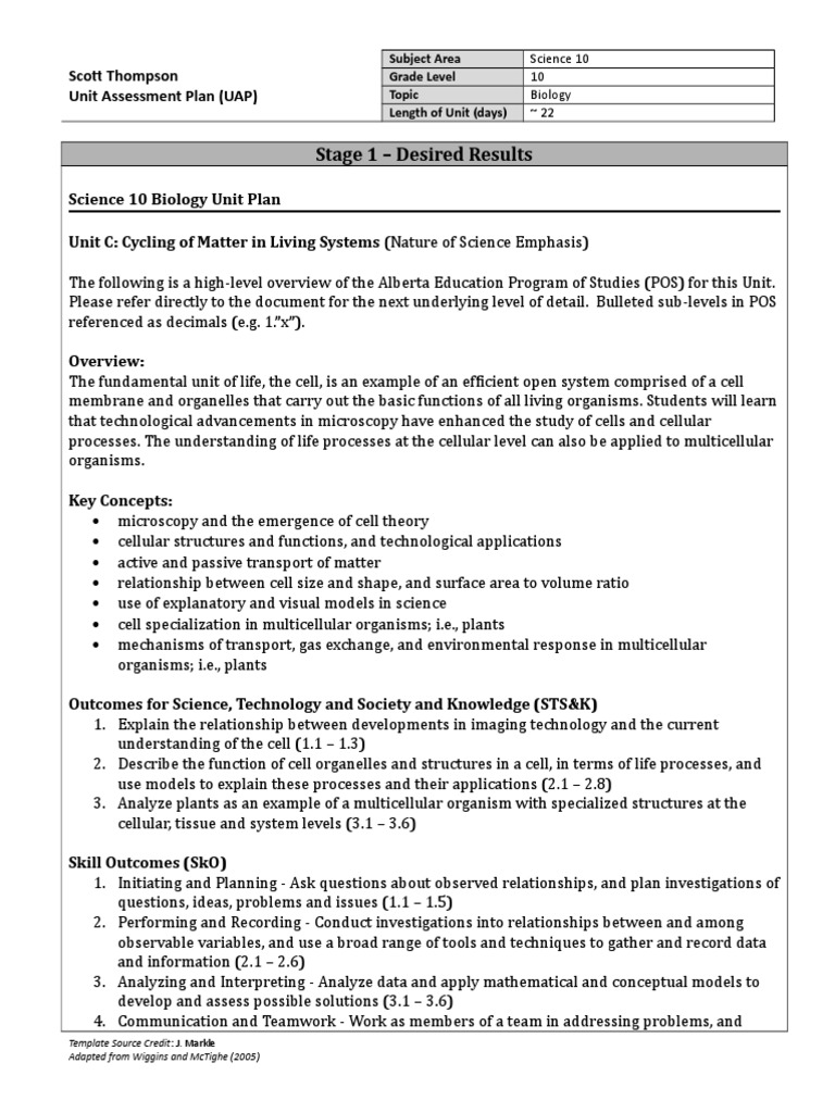 Science 10 Biology Unit Assessment Plan | PDF | Cell (Biology) | Homework