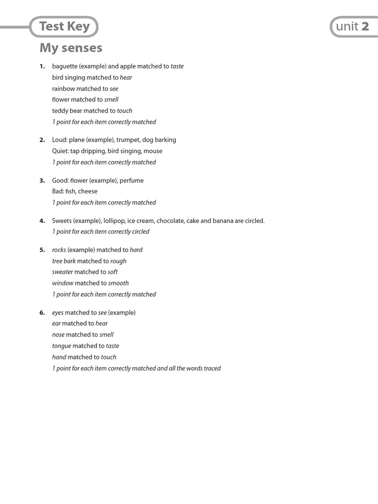 My Senses Test Key: Unit 2 | PDF