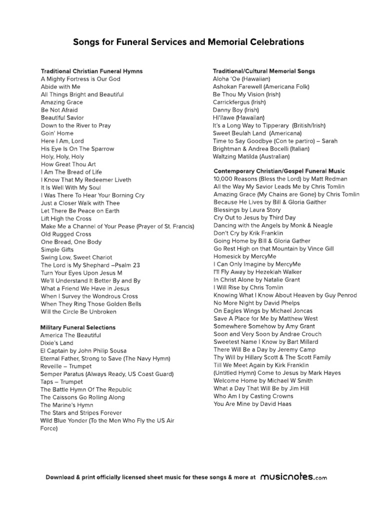130 Songs For Funerals Memorials | PDF
