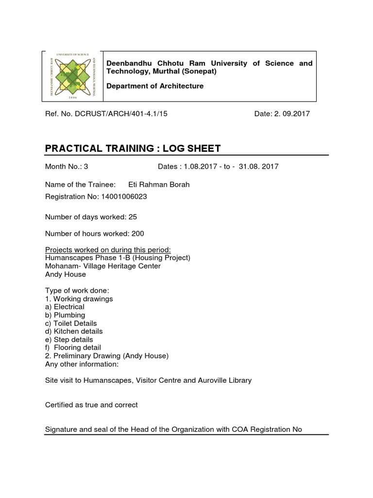 Practical Training: Log Sheet | PDF