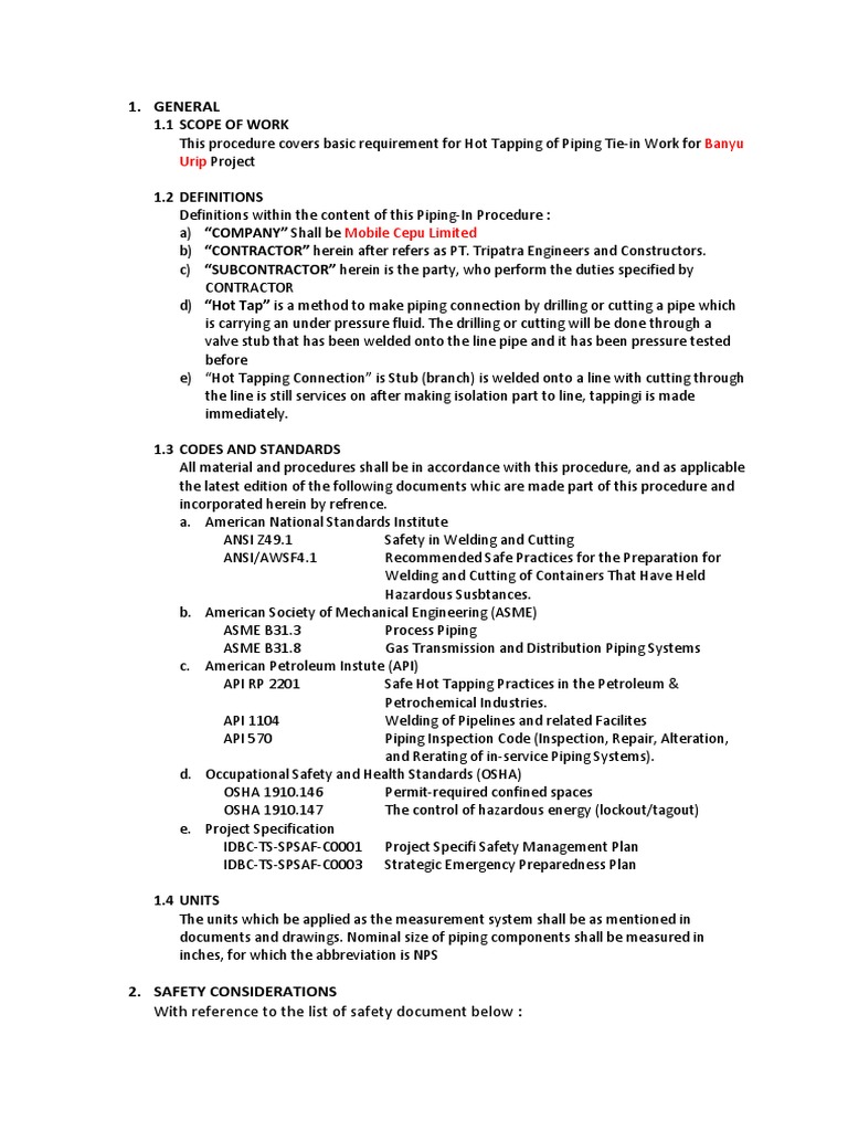 Execution Procedure For Pipe Connection Tie in and Hot Tapz | PDF ...