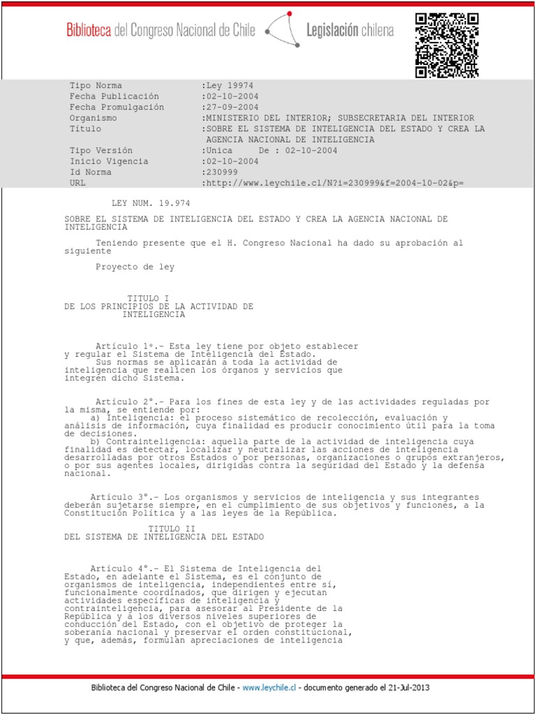 LEY 19.974 Sobre El Sistema de Inteligencia Del Estado y Crea La ...