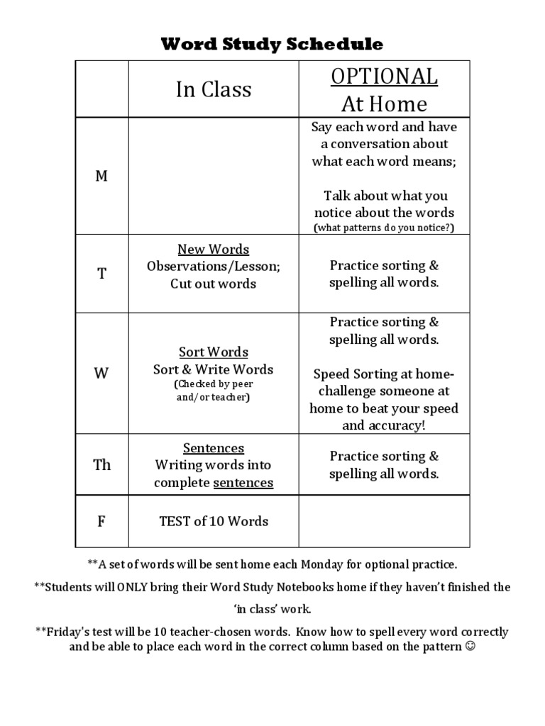 Word Study Schedule 2018-2019 | PDF | Linguistics | Cognition