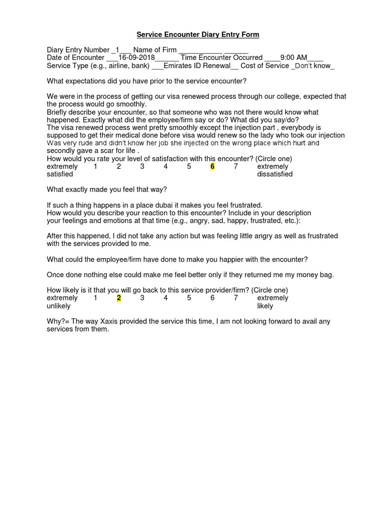 Service Encounter Diary Entry Form | PDF