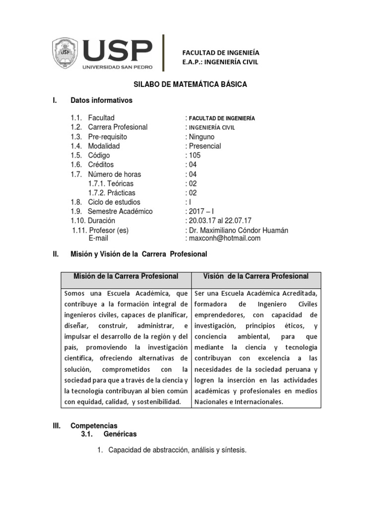 Silabo de Matematica Basica 2017-I | PDF | Matriz (Matemáticas) | Número complejo