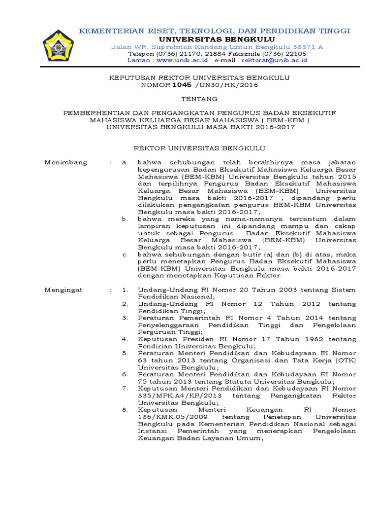 SK Rektor Pelantikan Bem 2016 | PDF