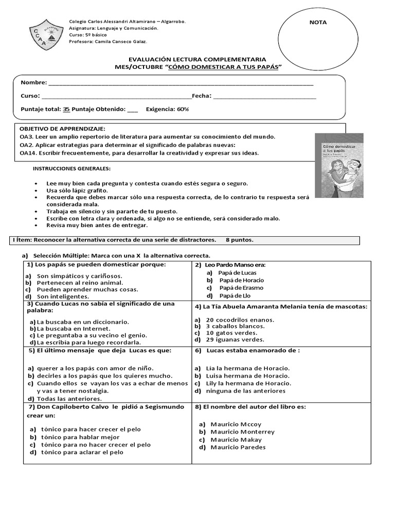 Prueba Libro Como Domesticar A Tus Papás 5 Básico | PDF Prueba Libro Como Domesticar A Tus Papás 5 Básico | PDF