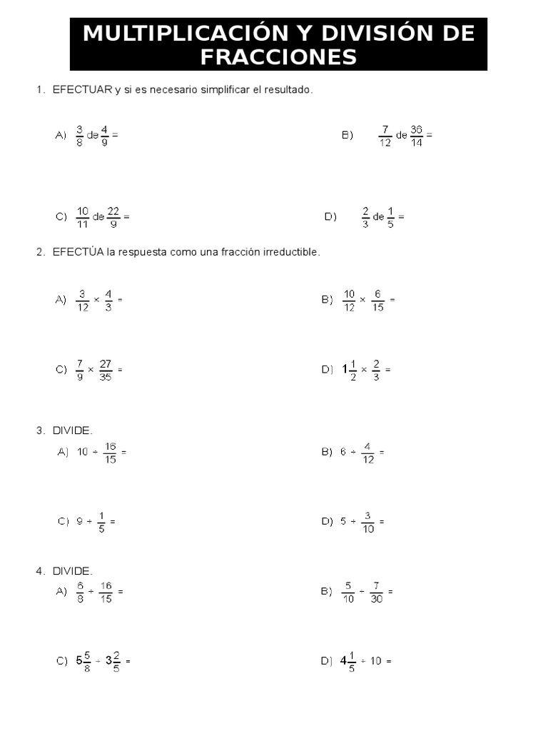 15 Multiplicación y División de Fracciones Quinto de Primaria | PDF
