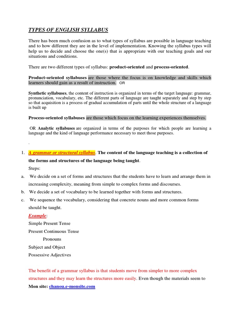 Types of English Syllabus | PDF | Language Education | Second Language