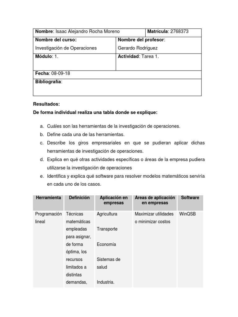 Tarea 1 Inv | PDF | La investigación de operaciones | Planificación