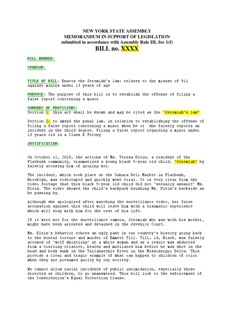 Jeremiah's Law, Introduced by Assemblywoman Rodneyse Bichotte | PDF ...