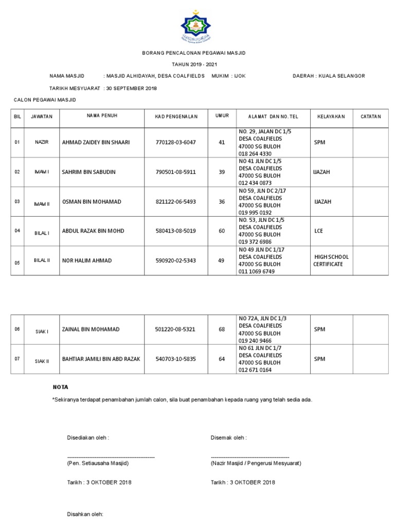 01 Borang Pencalonan Pegawai Masjid Pdf