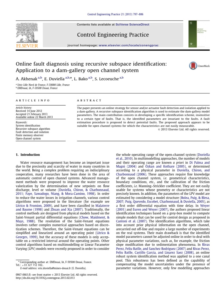 Akhenak2013 Online Fault Diagnosis Using Recursive Subspace Identification Application To A Dam ...