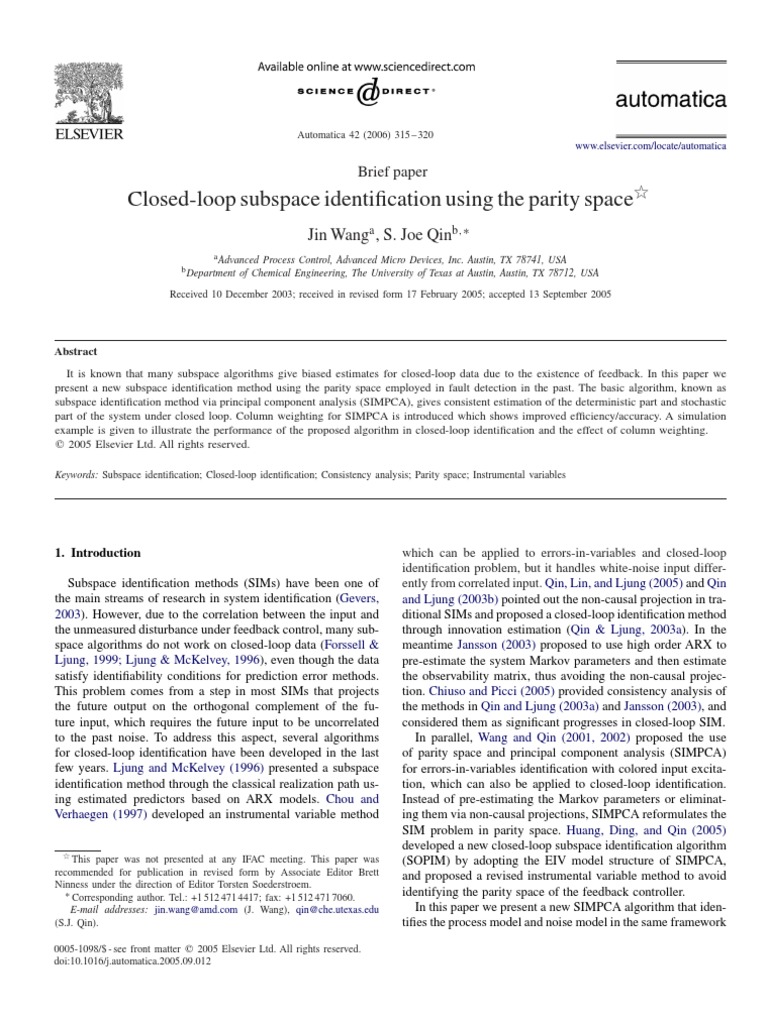 Wang2006 Closed Loop Subspace Identification Using The Parity Space Pdf Control Theory