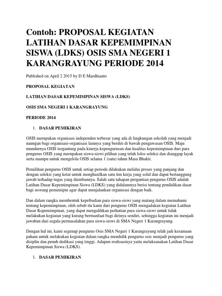 Proposal LDKS OSIS SMA Negeri 1 | PDF | Karier & Perkembangan ...