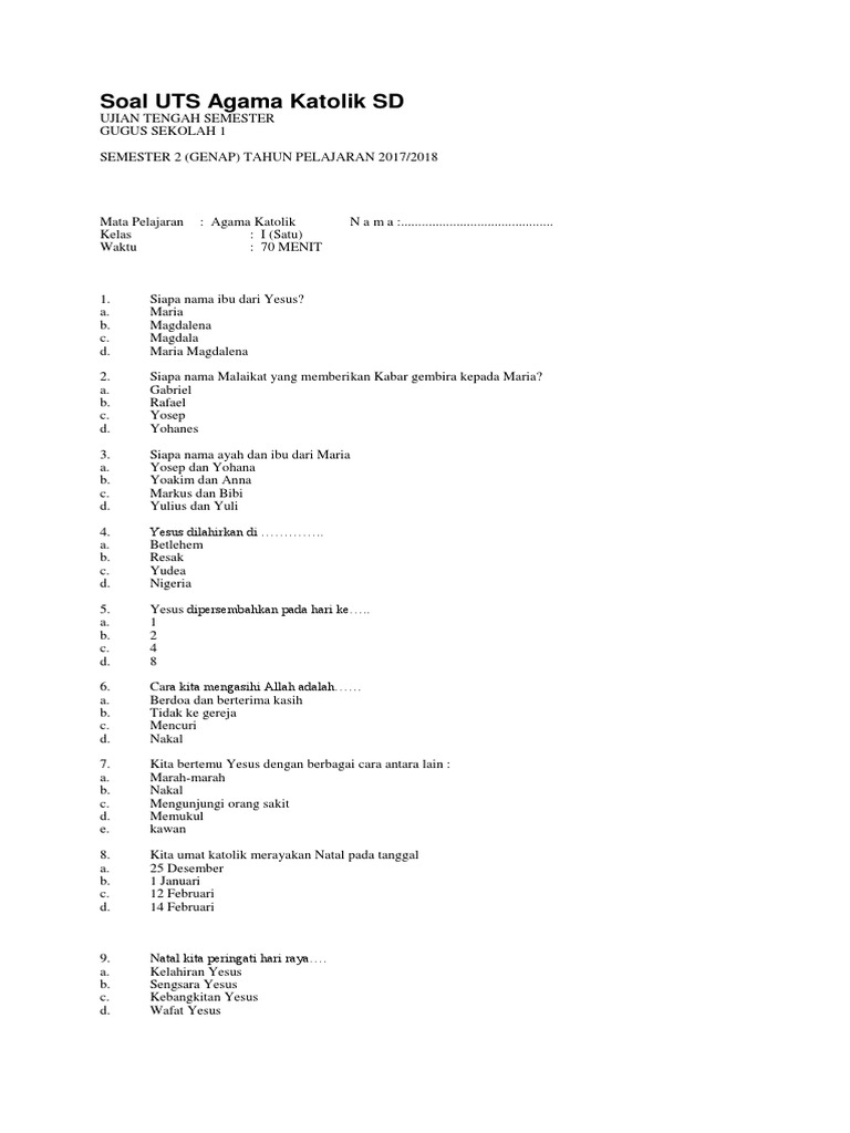Soal UTS Agama Katolik SD | PDF | Ilmu Sosial | Perjalanan