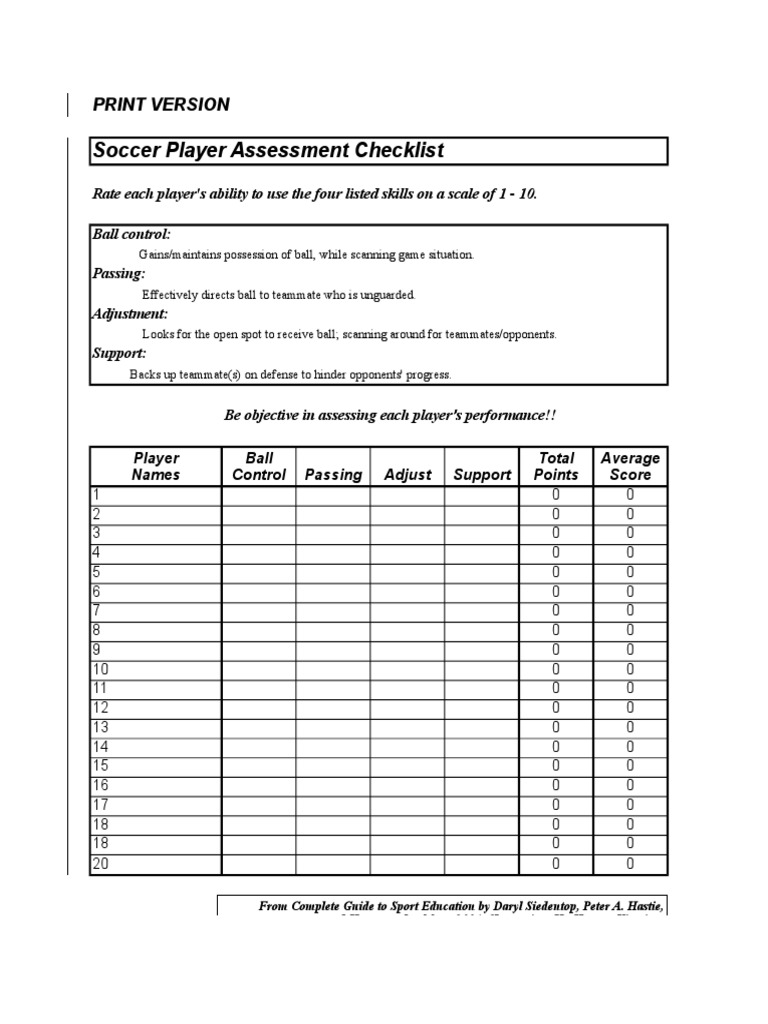 Player Assessment Checklist - Samples 1 | PDF | Football Codes ...