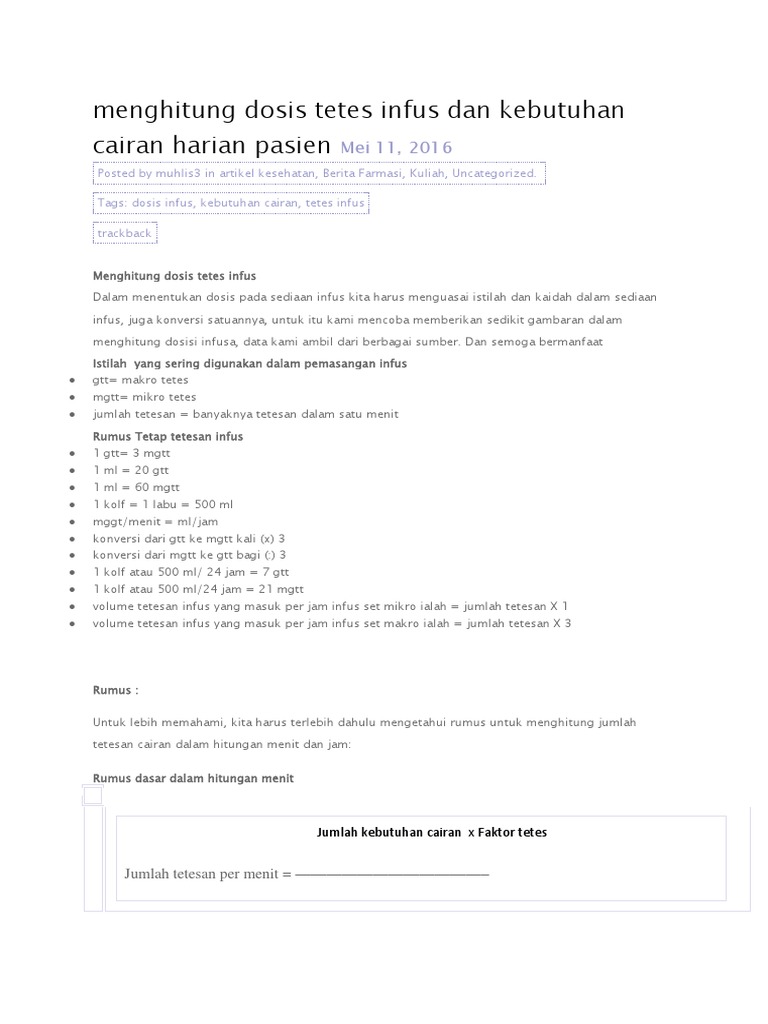 Menghitung Dosis Tetes Infus Dan Kebutuhan Cairan Harian | PDF ...